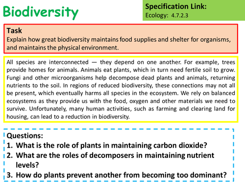 KS4 AQA GCSE Biology (Science) Biodiversity Lesson | Teaching Resources