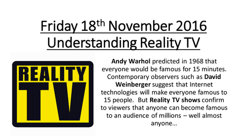 Reality TV - Theoretical debates for Year 12 AQA MEDIA | Teaching Resources