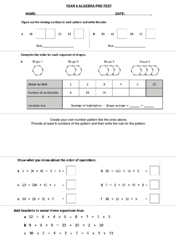 Algebra pre test and progression sheet | Teaching Resources