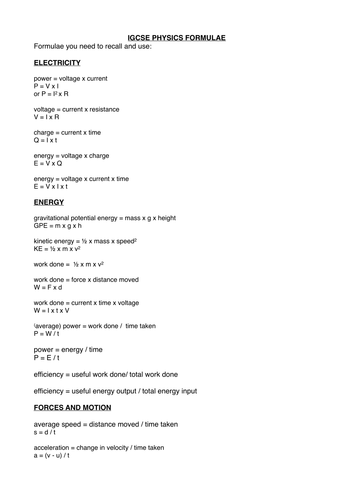 IGCSE Physics Formulae | Teaching Resources