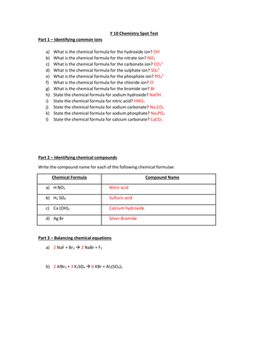 GCSE Chemistry Naming Chemical Compounds and Balancing Equations Test ...