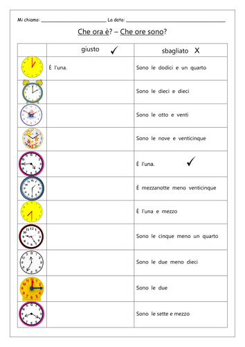 ITALIAN - Che ora è? - Che ore sono? - Worksheets | Teaching Resources