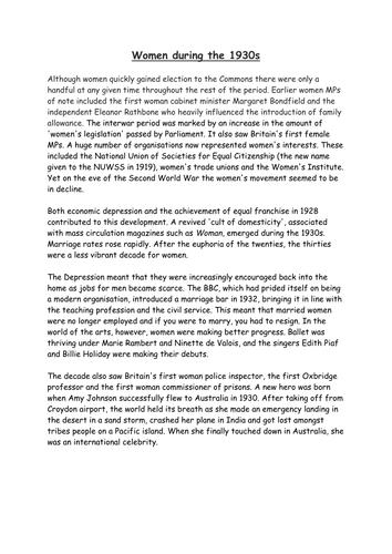 Women during the British depression | Teaching Resources