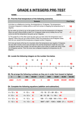 Integers pre test, answers and progression sheet | Teaching Resources