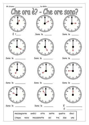 ITALIAN - Che ora è? - Che ore sono? - Worksheets | Teaching Resources