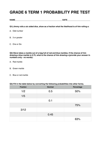 Probability pre-test, answers and progression sheet | Teaching Resources