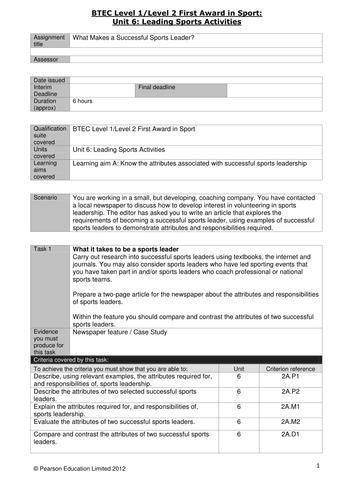 BTEC Level 2: Unit 6 Leading Sports Activities Coursework Booklet ...