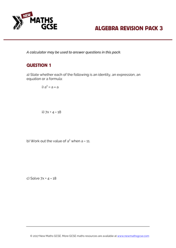 Algebra Revision Pack 3 (Foundation Tier) | Teaching Resources