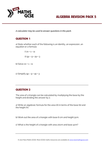 Algebra Revision Pack 5 (Foundation Tier) | Teaching Resources