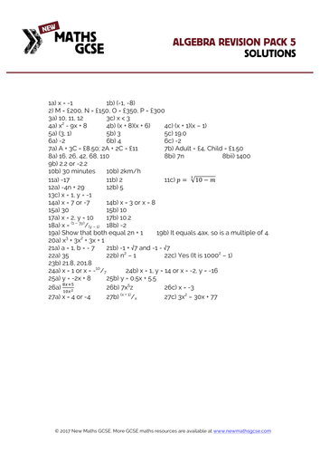 Algebra Revision Pack 5 (Higher Tier) | Teaching Resources