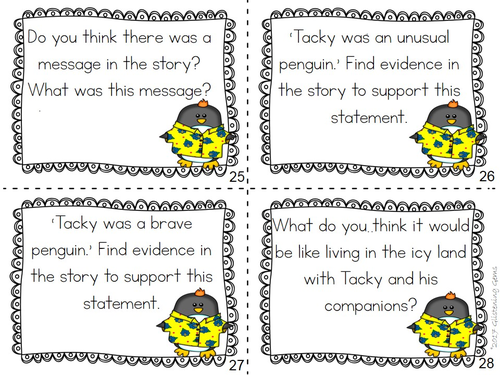 Tacky the Penguin - Reading Comprehension Task Cards | Teaching Resources