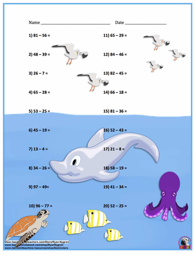 Two Digit Subtraction Worksheets - Animal Themed - Horizontal ...