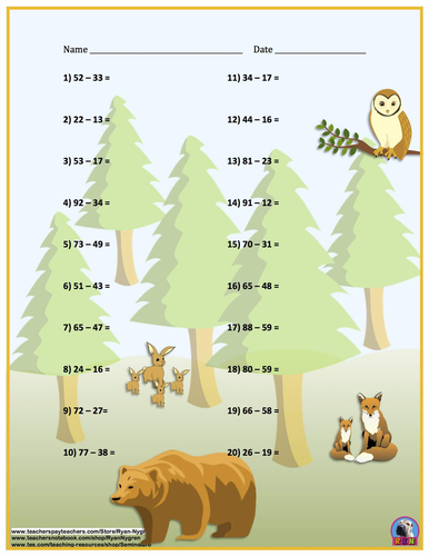 Two Digit Subtraction Worksheets - Animal Themed - Horizontal ...