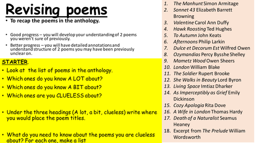 Revising poetry - WJEC EDUQAS anthology (but can work for any spec ...