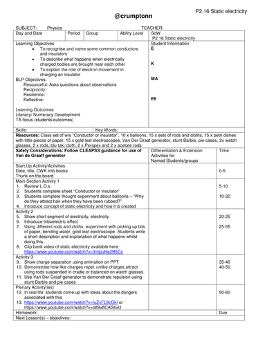 GCSE Physics - static electricity lesson plan and presentation ...
