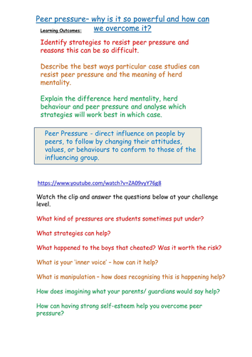Peer Influence / Pressure + Bullying PSHE | Teaching Resources