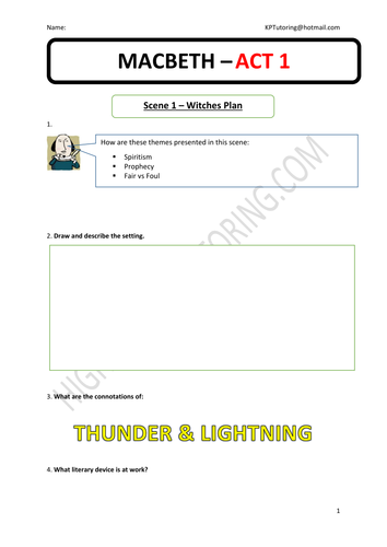 SHAKESPEARE: MACBETH - ACT 1. Scene 1 question and activities worksheet ...