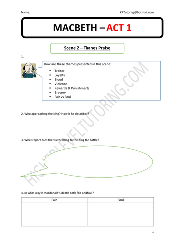 SHAKESPEARE: MACBETH - ACT 1. Scene 2 question and activities worksheet ...