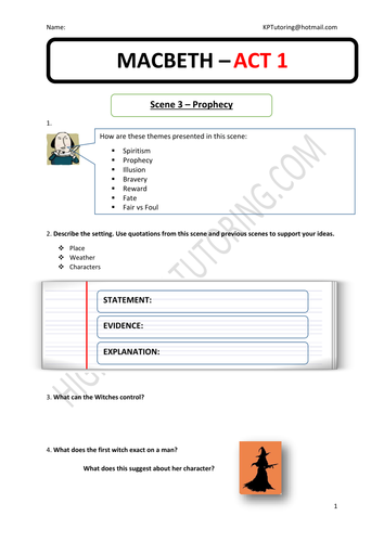 SHAKESPEARE: MACBETH - ACT 1. Scene 3 question and activities worksheet ...