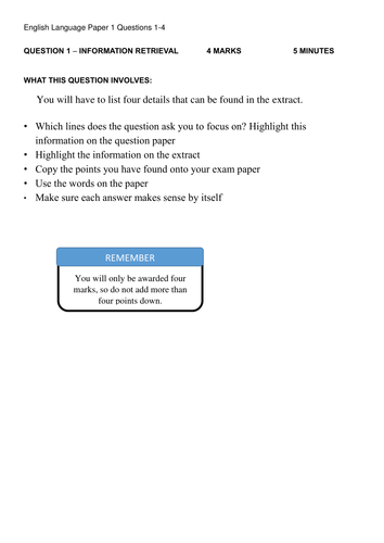 English Language Paper 1 Q1-4 breakdown | Teaching Resources