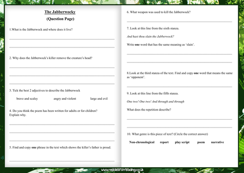 Jabberwocky KS2 poetry comprehension and answers - 10 questions and ...