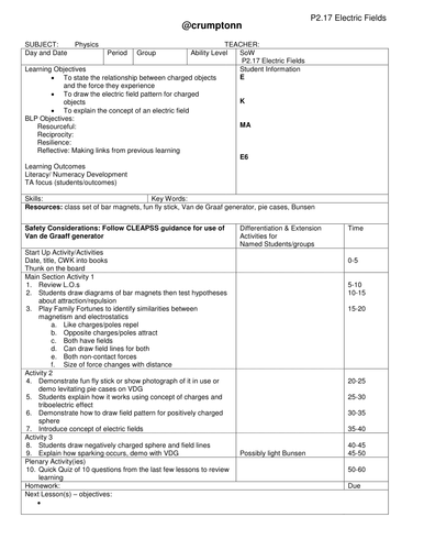 GCSE Physics - Electric Fields lesson plan and presentation | Teaching ...