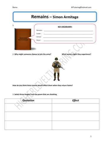 POETRY: REMAINS - Simon Armitage (4 pages) | Teaching Resources