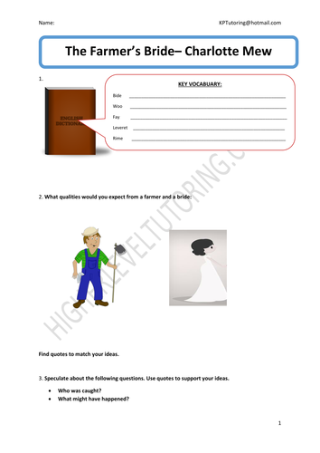 POETRY: THE FARMER'S BRIDE - Charlottle Mew (4 pages) | Teaching Resources