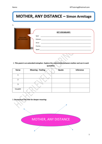 POETRY: MOTHER ANY DISTANCE - Simon Armitage | Teaching Resources