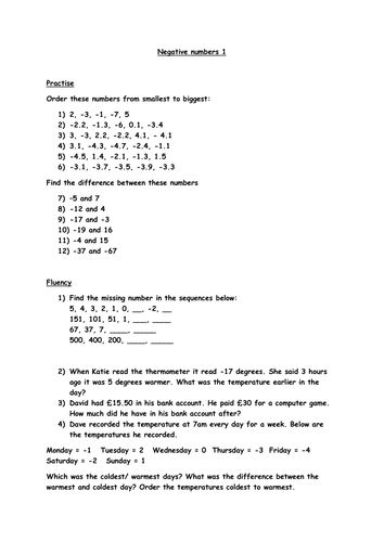 Negative Numbers Worksheet (Year 6) | Teaching Resources