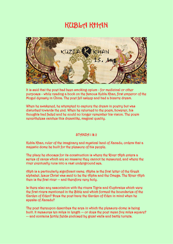 Kubla Khan PPT and worksheet | Teaching Resources