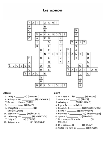 Les vacances crossword | Teaching Resources
