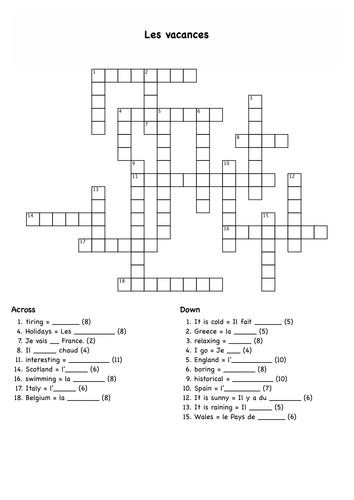 Les vacances crossword | Teaching Resources