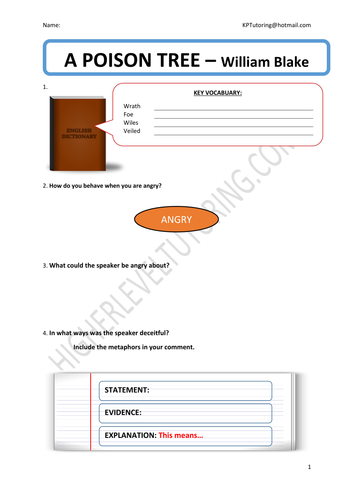 POETRY: A poison Tree - WILLIAM BLAKE (3 pages) | Teaching Resources