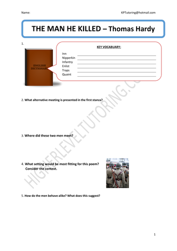POETRY: The Man He Killed - THOMAS HARDY (4 PAGES) | Teaching Resources