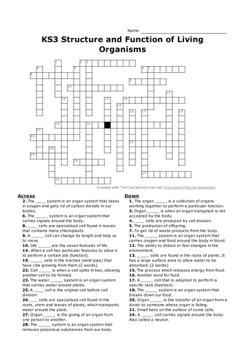 KS3 Structure and Function of Living Organisms Crosswords with Answers ...