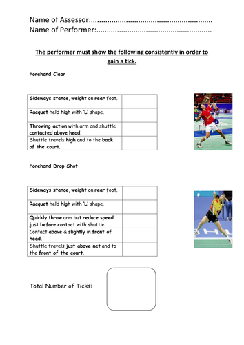 Badminton Peer/Self Assessment Resources | Teaching Resources