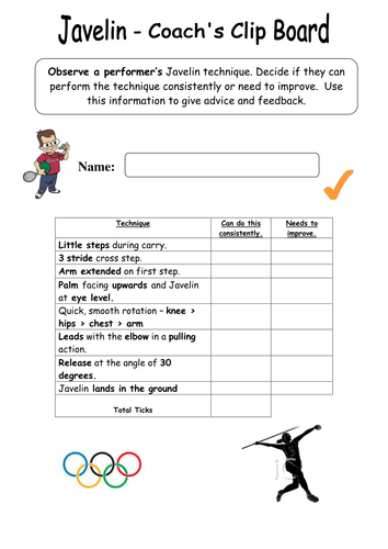 Javelin Peer Assessment Sheet (Student Friendly) | Teaching Resources