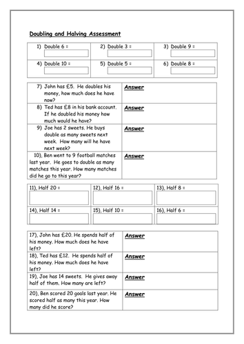 Doubling and Halving Differentiated Assessment KS1 / KS2. Fully ...