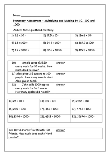 Multiply and Divide by 10, 100, 1000 Differentiated Assessment KS1 and ...