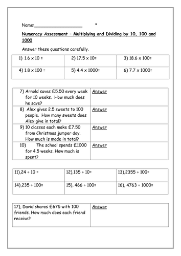 Multiply and Divide by 10, 100, 1000 Differentiated Assessment KS1 and ...