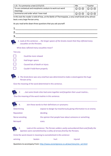 The Battle of Thermopylae Comprehension Work | Teaching Resources