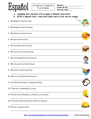 Spanish Food and Meals 15 Sentence Completions - La Comida | Teaching ...