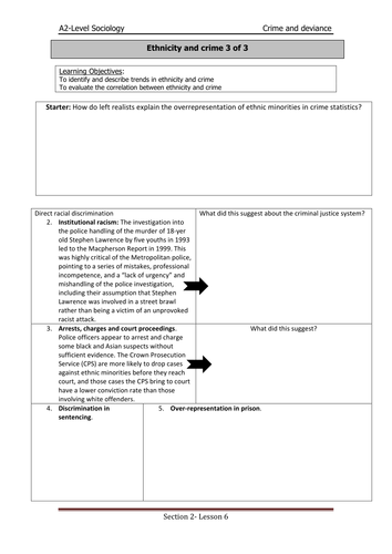 Section 2, Lesson 4: Ethnicity and Crime 3of3 A Level sociology AQA ...