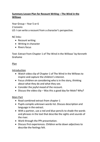 Recount Writing - The Wind in the Willows. 2 Lessons Teaching Pack ...