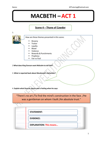 SHAKESPEARE: MACBETH - ACT 1. Scene 4 and 5 question and activities ...