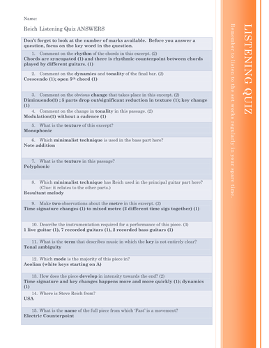 Reich listening quiz for Edexcel GCSE Music with excerpts and answers ...