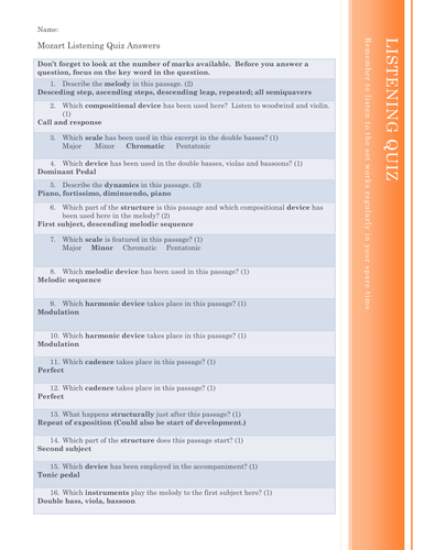 Mozart listening quiz for Edexcel GCSE Music with excerpts and answers ...