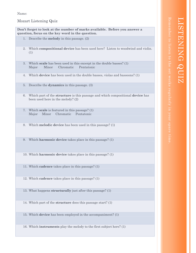 Mozart listening quiz for Edexcel GCSE Music with excerpts and answers ...
