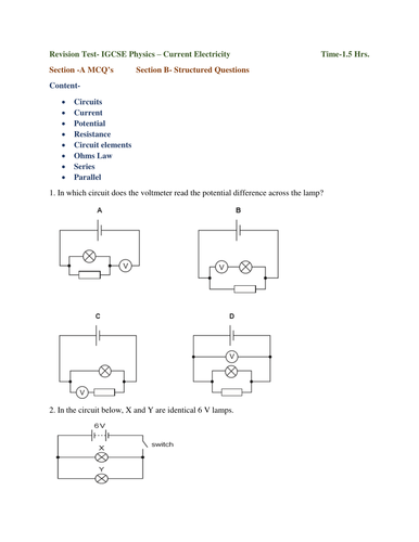 Revision Test- IGCSE Physics – Current Electricity Time-1.5 H ...